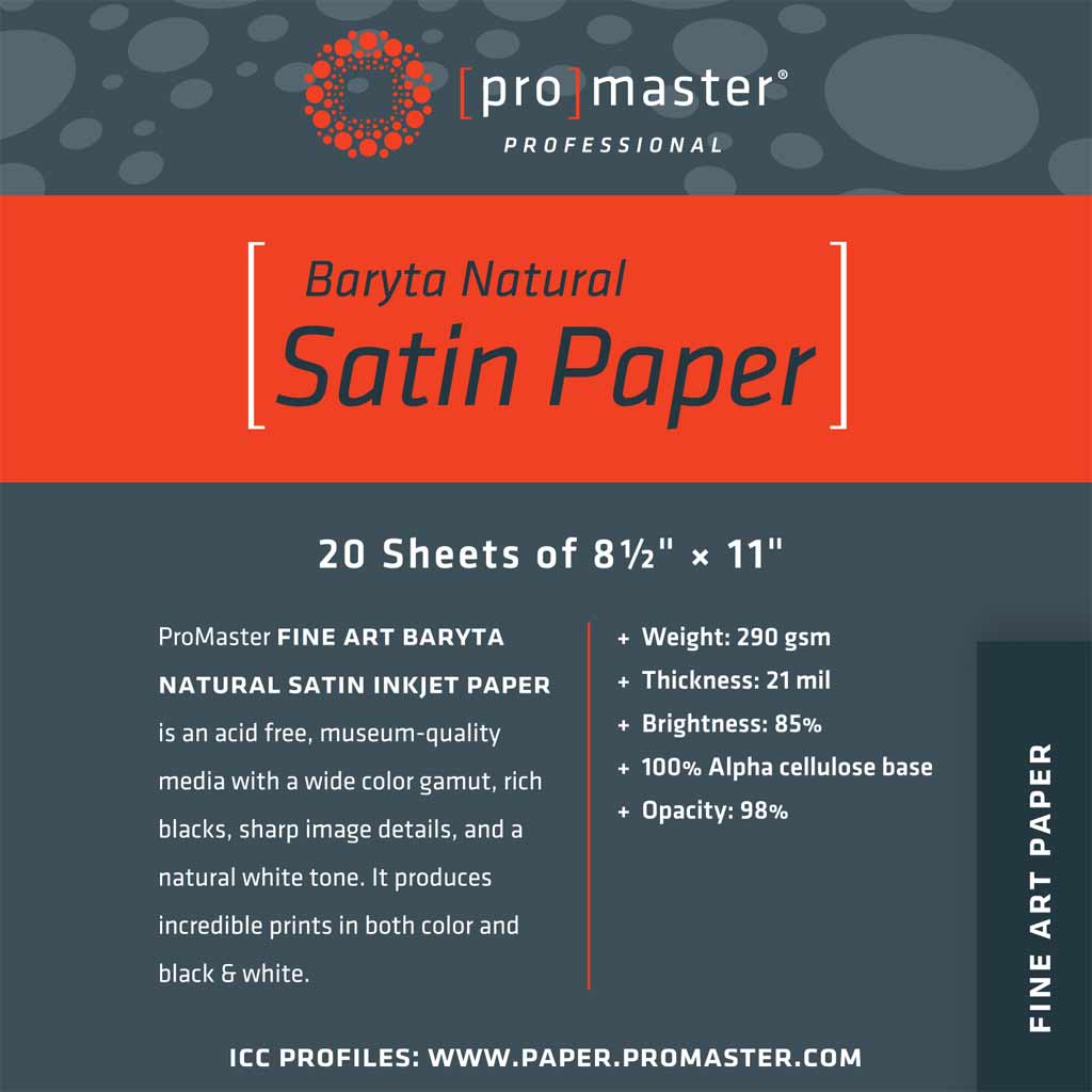 Promaster Fine Art Baryta Natural Satin Paper 8.5x11 | 20 Sheets ...
